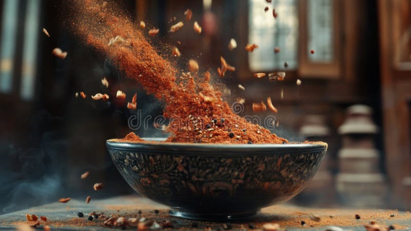 Brown Bowl of Red Spices Flying in Air Stock Illustration ...