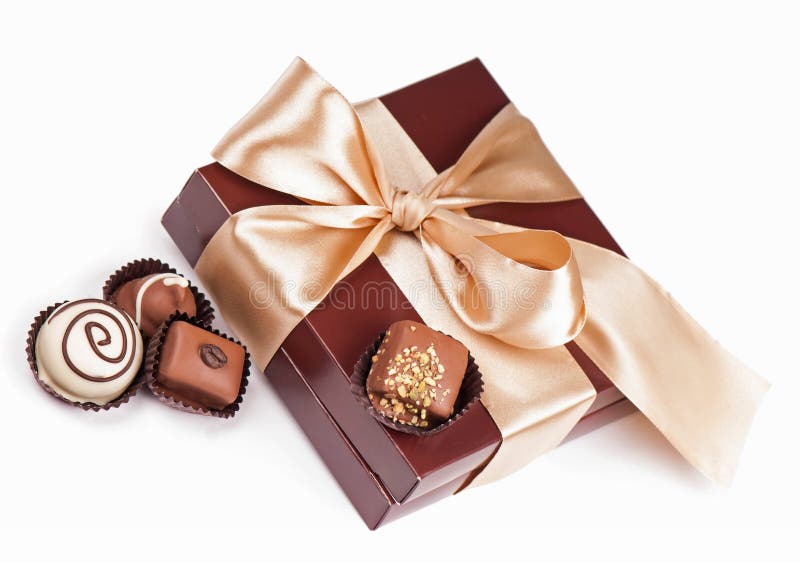 Brown Box with Candies and Golden Tape Stock Image - Image of festive ...