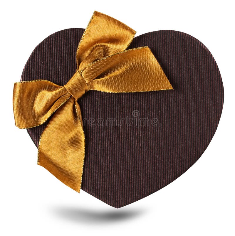 Brown Box in Heart Shape with Gold Bow on the White Stock Photo - Image ...