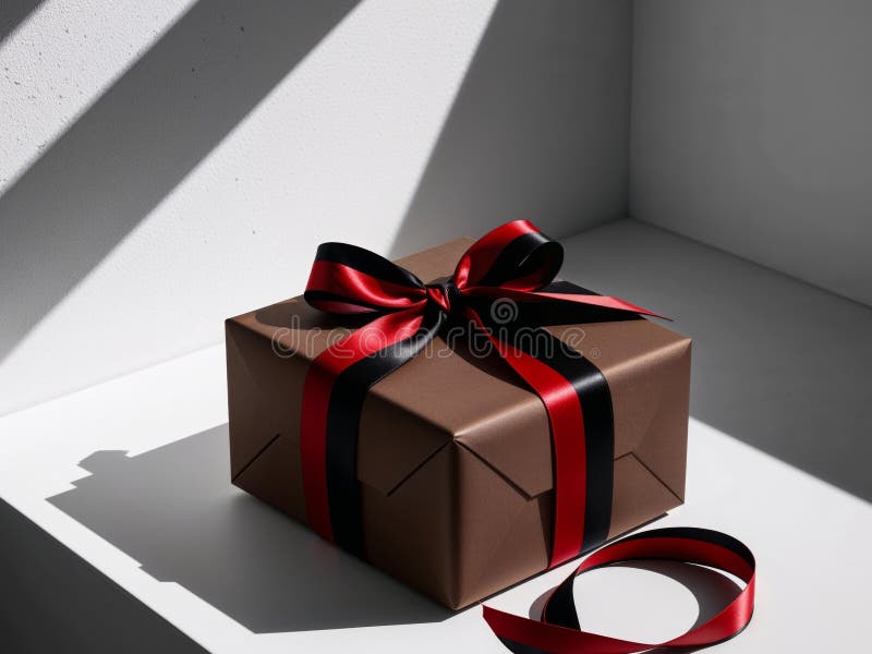 A Brown Box with a Red and Black Ribbon Tied Around it. Stock Image ...