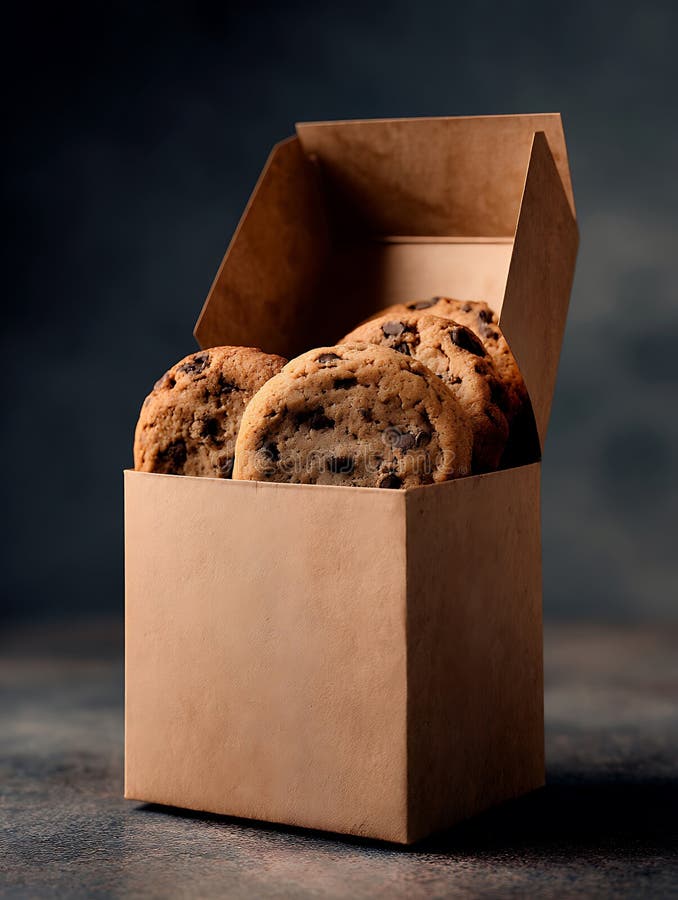 A Brown Box that is Slightly Opened, with Chocolate Chip Cookies Inside ...