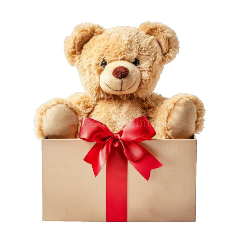 A Brown Box with a Teddy Bear Inside and a Red Ribbon on Top Stock ...