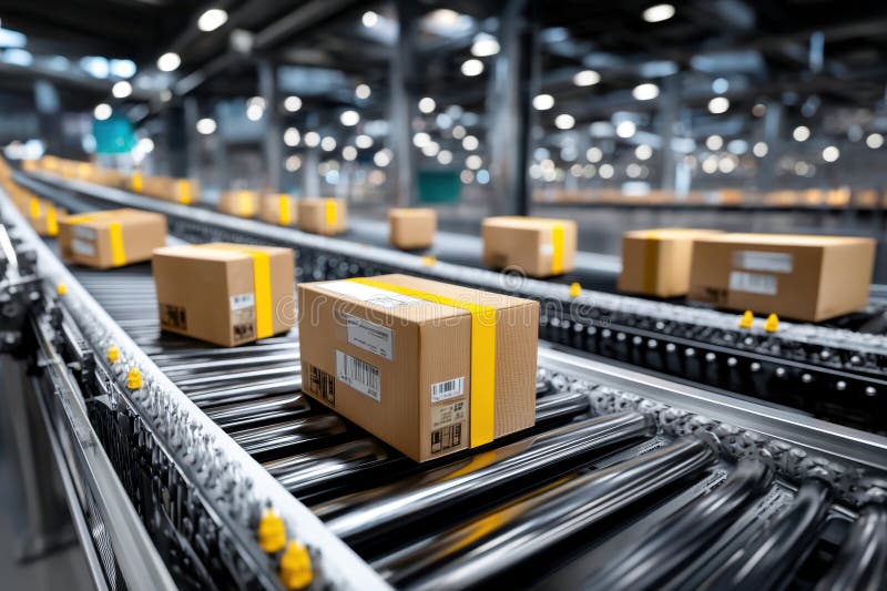 Packages Moving Along a Conveyor Belt in a Modern Warehouse during ...