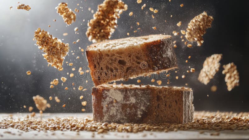 Brown Bread Crumbs Flying in Dark Studio Shot Stock Illustration ...