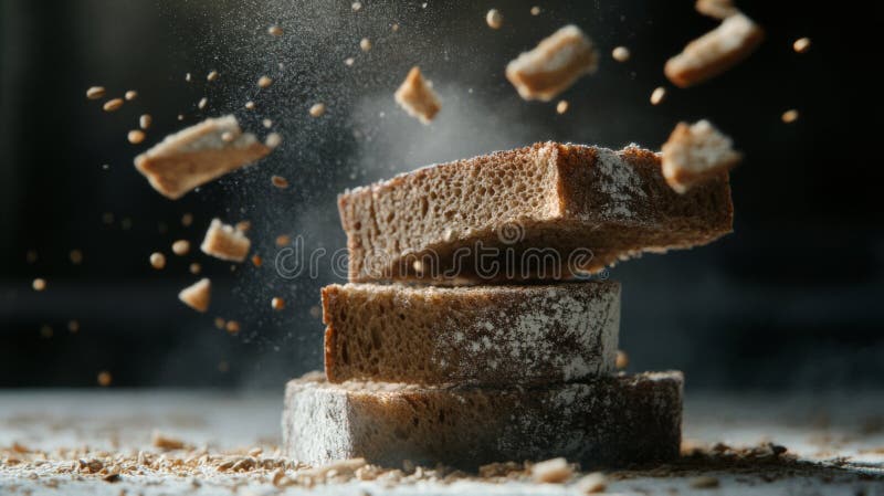 Brown Bread Slices Falling on Dark Background Stock Illustration ...