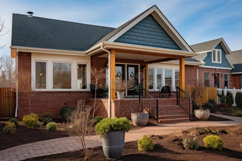 Brown Brick Farmhouse with a Narrow, Gabled Front Entry Stock Image ...