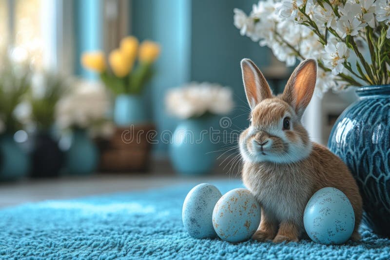 Brown Bunny with Easter Eggs on Blue Rug Stock Illustration ...