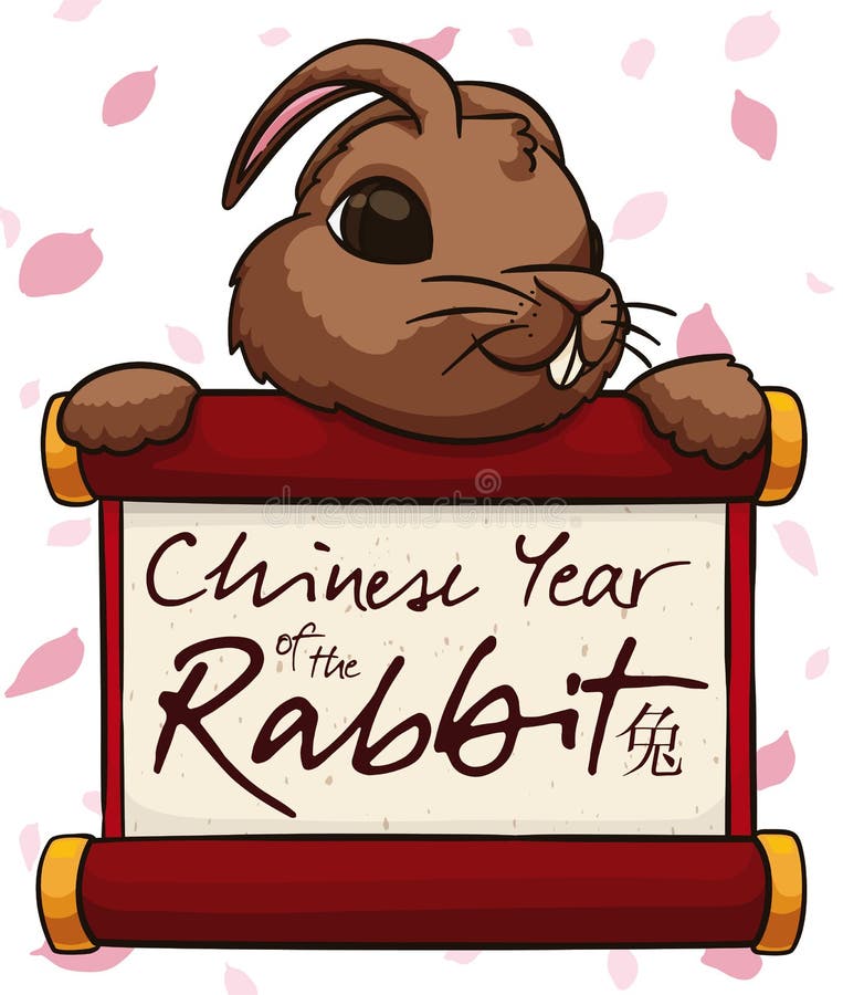 Brown Bunny Over Unrolled Scroll To Celebrate Its Chinese Year, Vector ...