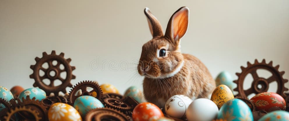 Brown Bunny among Rusty Gears and Decorated Eggs. Stock Photo - Image ...