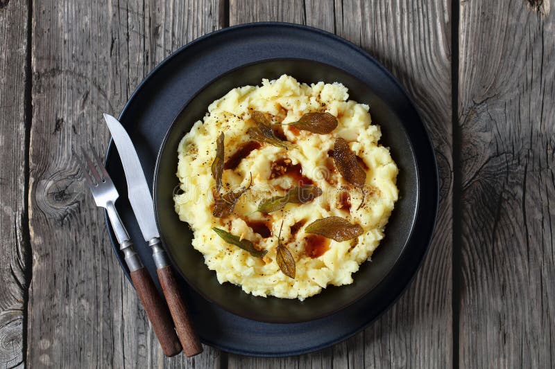 Brown Butter Potato Mash with Fried Sage Leaves Stock Photo - Image of ...