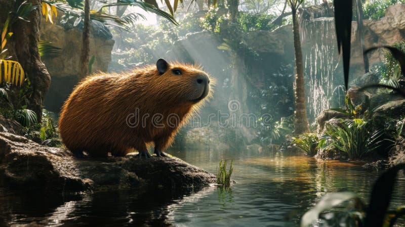 Brown Capybara in Lush Tropical Jungle Setting Stock Illustration ...