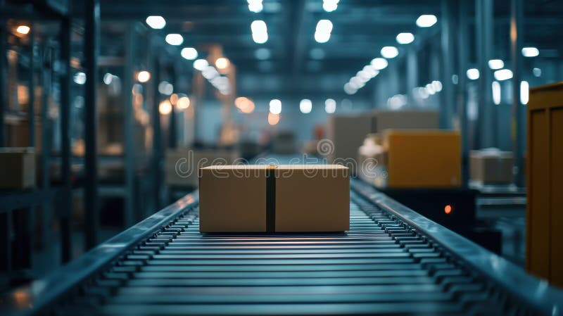 Brown Cardboard Box on Conveyor Belt in Modern Warehouse Setting Stock ...