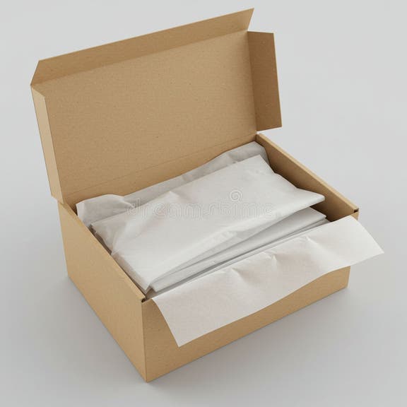 Brown Cardboard Box, Open, with White Tissue Paper Inside. Box is ...