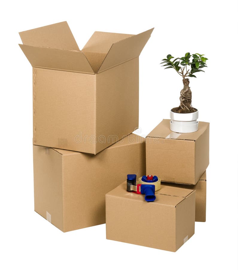 Brown Cardboard Box Set Isolated on White Stock Photo - Image of ...