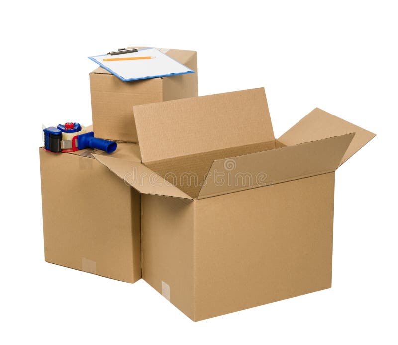 Brown Cardboard Box Set Isolated on White Stock Photo - Image of beige ...