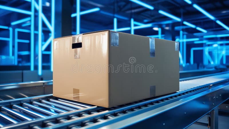 Cardboard on Automated Conveyor in Modern Warehouse with Neon Blue ...