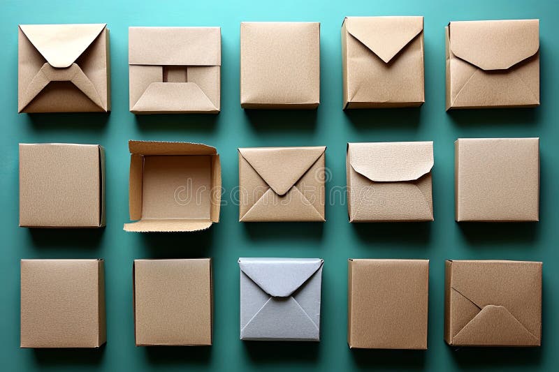 Various Brown Cardboard Boxes and Envelopes Arranged Neatly on a Teal ...
