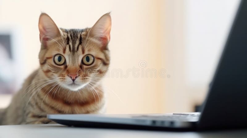 Brown Cat Sitting Near the Window with a Laptop, the Kitten Uses the ...