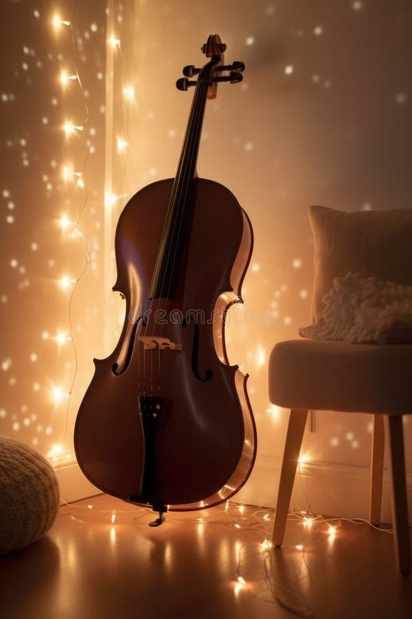 Brown Cello Leaning on Wall with Fairy Lights, Created Using Generative ...