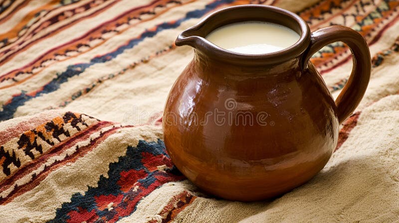 A Brown Ceramic Jug Filled with Milk Sitting on a Patterned Fabric ...