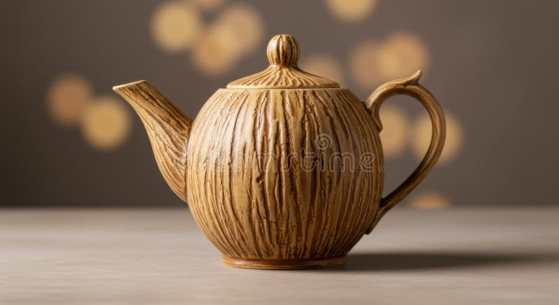 Brown Ceramic Teapot with Wood Grain Texture on Table Stock ...