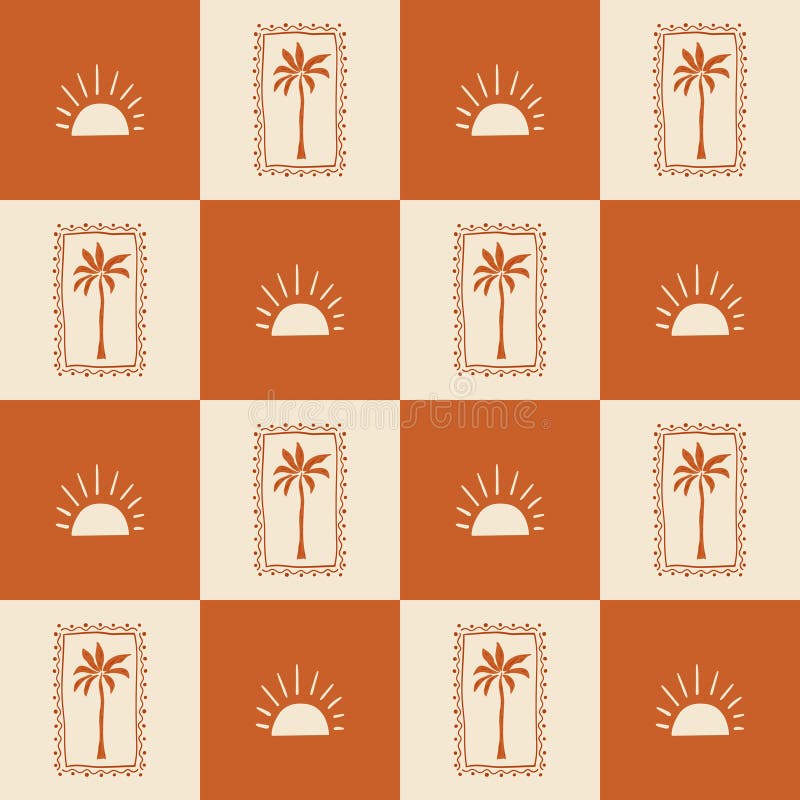 Brown Checkered Summer Tropical Seamless Pattern with Palm Tree and Sun ...