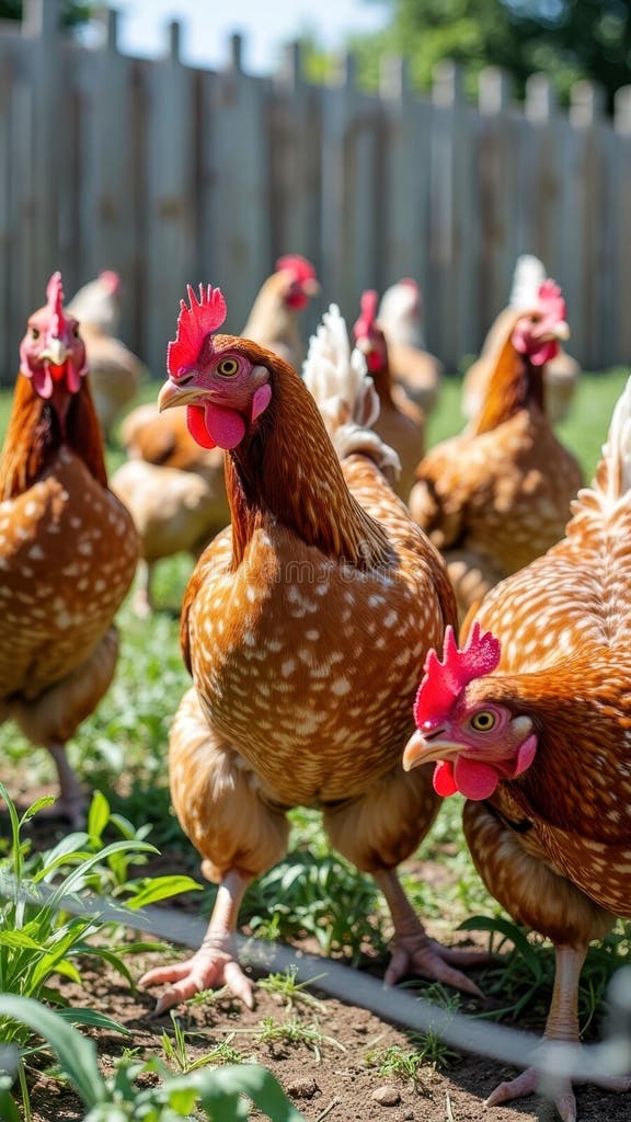Brown Chickens Foraging Outdoors in a Sunny Farmyard Stock Image ...