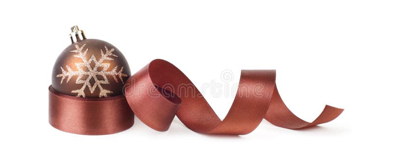 Brown Christmas Ball and Ribbon on White Horizontal Background Stock ...
