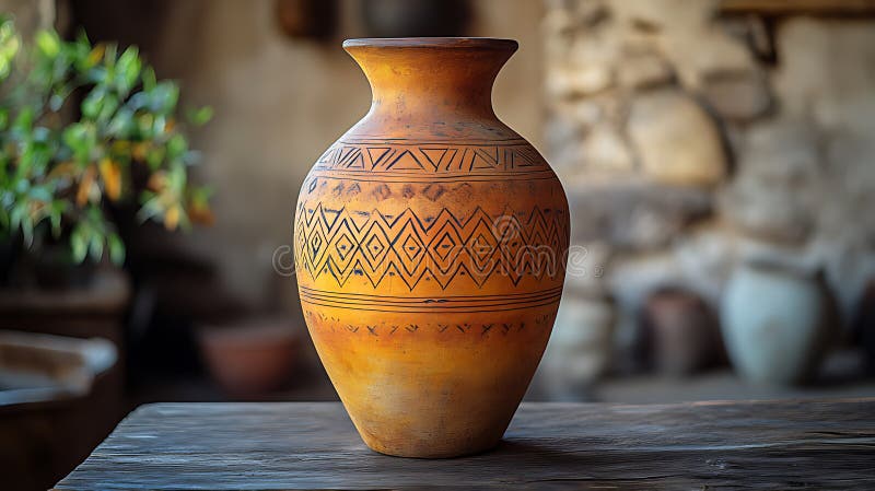 A Brown Clay Vase with Geometric Patterns Sits on a Wooden Table in ...