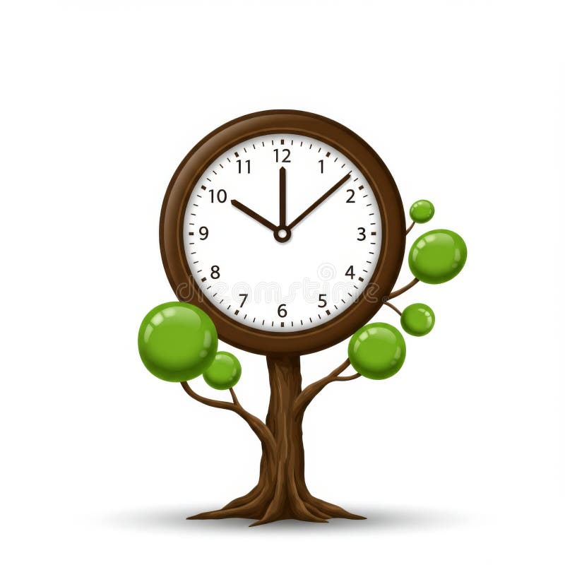 Brown Clock Tree with Green Leaves on White Background Stock Photo ...