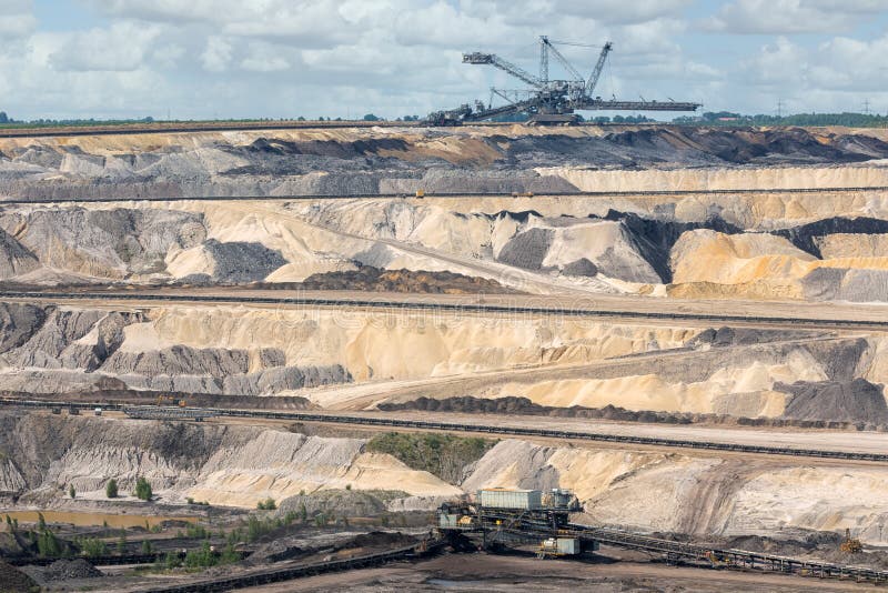 Brown Coal Open Pit Landscape with Digging Excavators in Germany Stock ...
