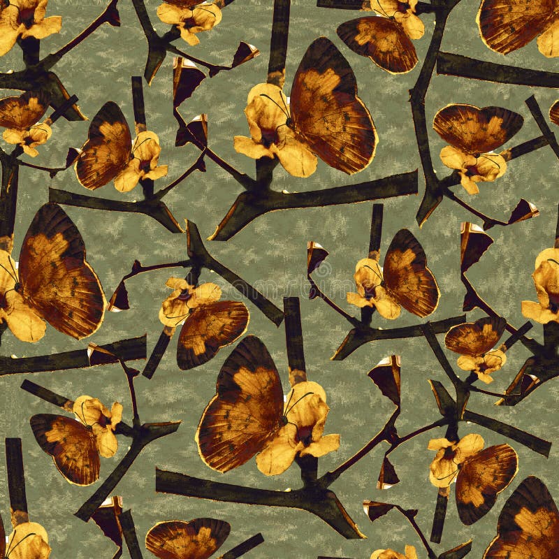 Brown Colored Butterfly and Flower Seamless Pattern Stock Illustration ...