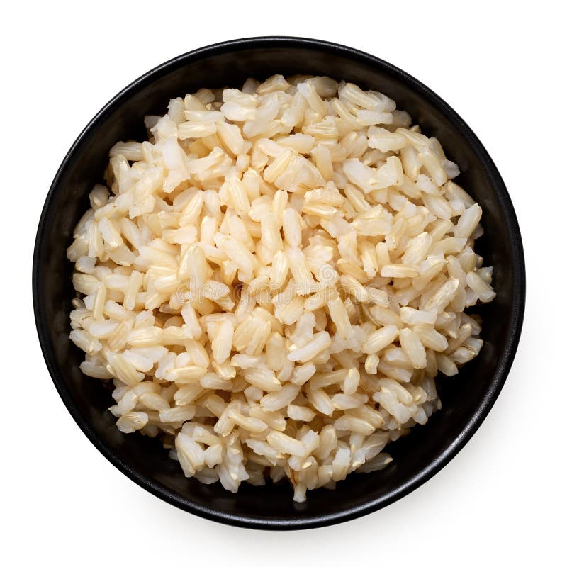 Brown Cooked Rice in a Black Ceramic Bowl Isolated on White from Above ...