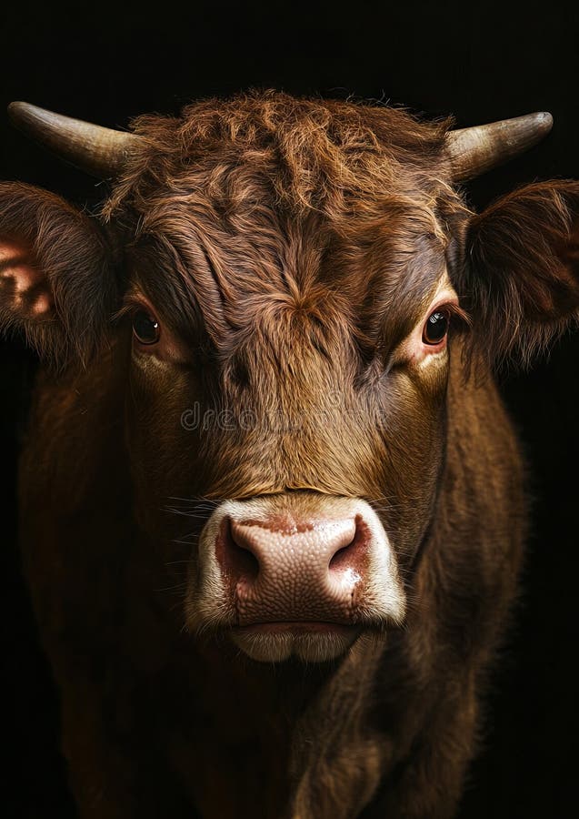 A Brown Cow with Horns Looking at the Camera Stock Photo - Image of ...