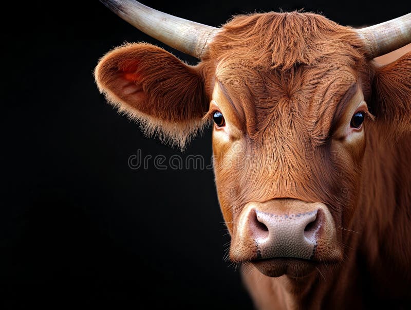 A Brown Cow with Long Horns Looking at the Camera Stock Photo - Image ...