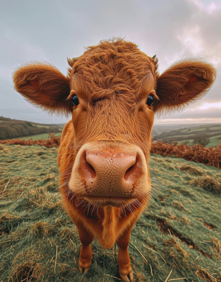 Brown Cow Looks Directly into the Camera Lens Stock Photo - Image of ...