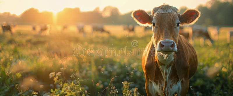 Brown Cow Standing in Field at Sunset with Other Cows in Background ...