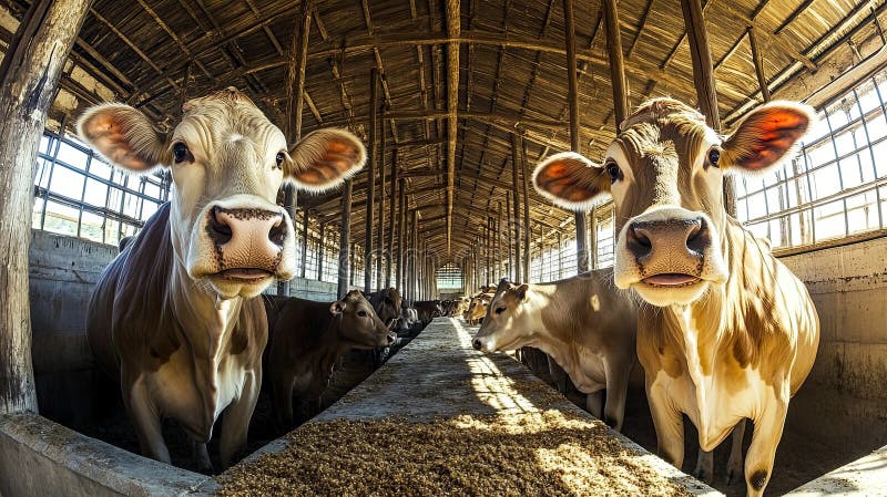Cows Feeding in a Well-Maintained Korean Cattle Barn with Symmetrical ...