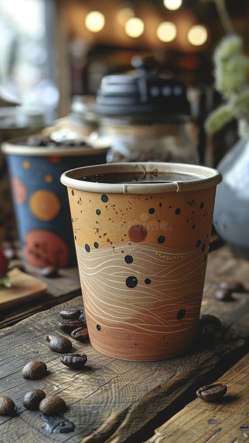 Brown Craft Paper Cup of Coffee on a Wooden Tabletop. Stock Photo ...