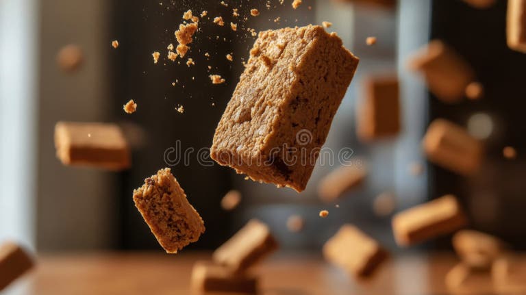 Brown Crispy Rectangular Snacks Falling on Dark Background Stock ...