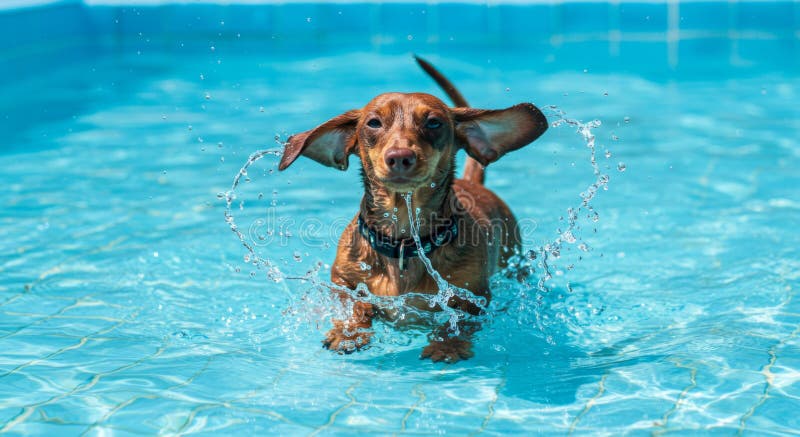 Brown Dachshund Dog Joyfully Swimming in a Blue Pool Stock Illustration ...