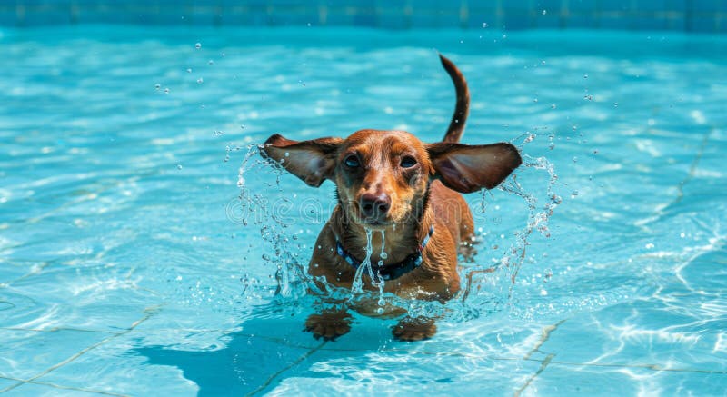 Brown Dachshund Dog Swimming in a Blue Pool Stock Illustration ...