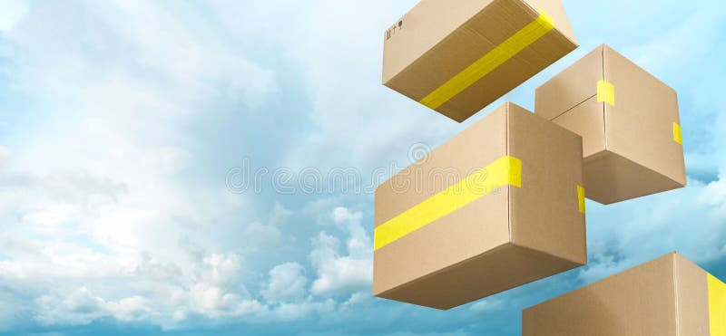 Brown Delivery Boxes Flying on Blue Sky with Clouds Background Stock ...