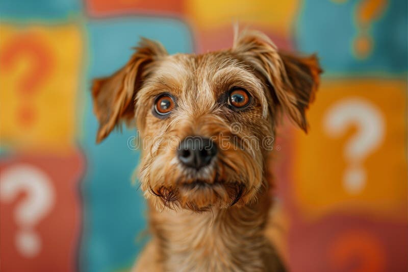 Brown Dog with Curious Expression Against Question Mark Background ...