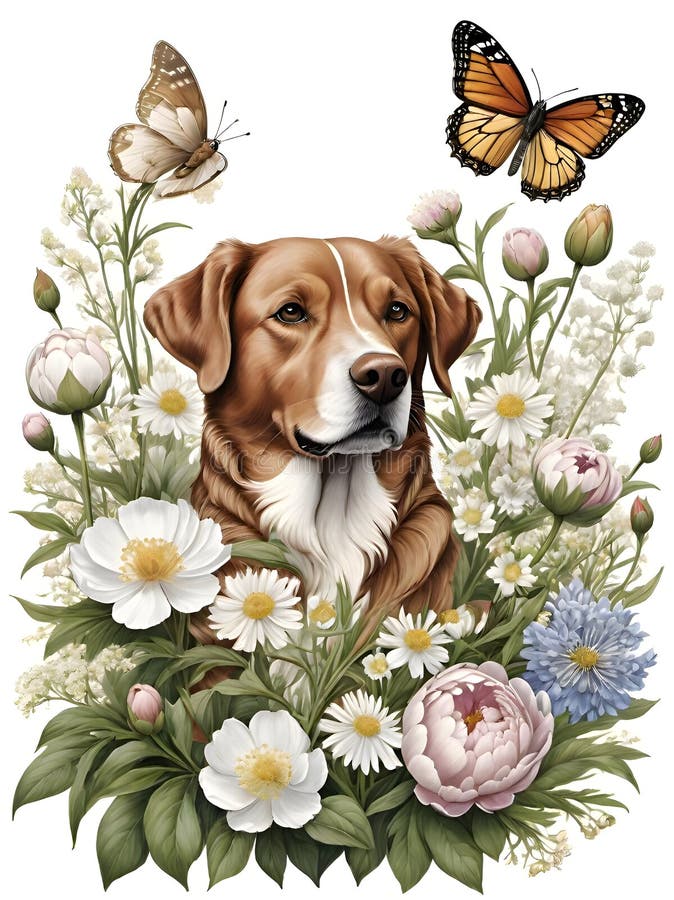 Brown Dog with Delicate Flowers and Butterfly Digital Art Stock ...