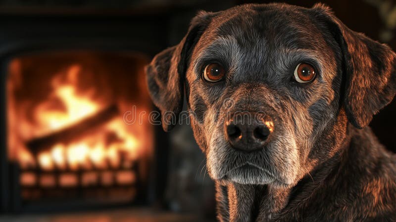 A Brown Dog with Expressive Eyes Sits in Front of a Warm, Glowing ...