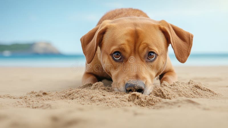 A Brown Dog Laying on the Beach Digging in Sand, AI Stock Photo - Image ...