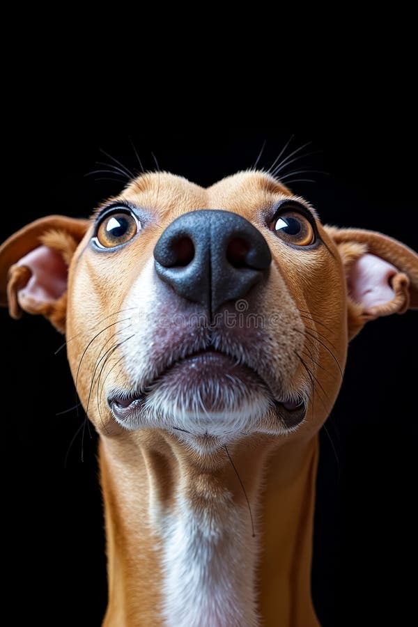 A Brown Dog Looking Up at the Camera with a Black Background Stock ...
