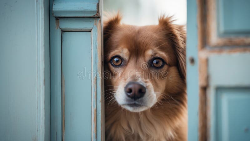 A Brown Dog Peeking Out from Behind a Blue Door Stock Image - Image of ...