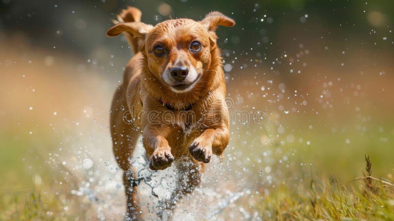 A Brown Dog Running through a Field of Grass and Water, AI Stock Image ...